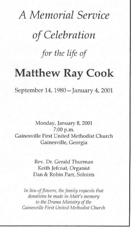 Memorial Service For Matthew Ray Cook